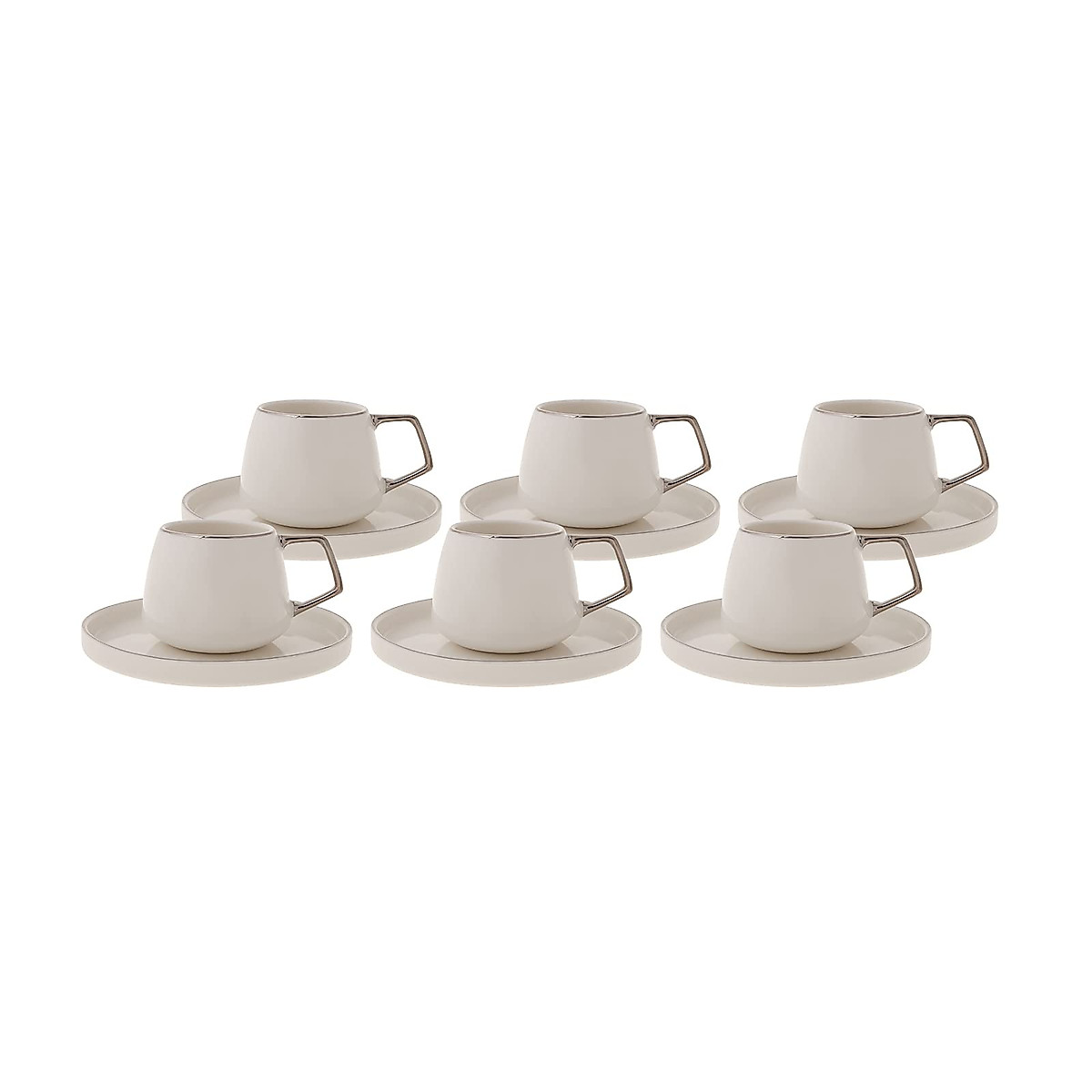 KARACA Saturn Turkish Coffee Cups, Espresso Cups Set of 6 includes 12 pieces, 3 oz espresso cup set, Small Espresso Cups and Saucers, Set of 6 Demitasse Cups with Silver Handle on White Porcelain