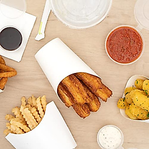 Restaurantware Bio Tek 12 Ounce French Fry Containers, 100 Disposable Charcuterie Cups - Incline Design, Round, White Paper French Fry Cups, Stackable, For Waffles, Chips, or Popcorn