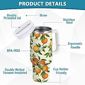ZZXXB Orange Florals Insulated Stainless Steel Water Bottle with Handle and Straw Lid Double Walled Travel Mug 40 oz