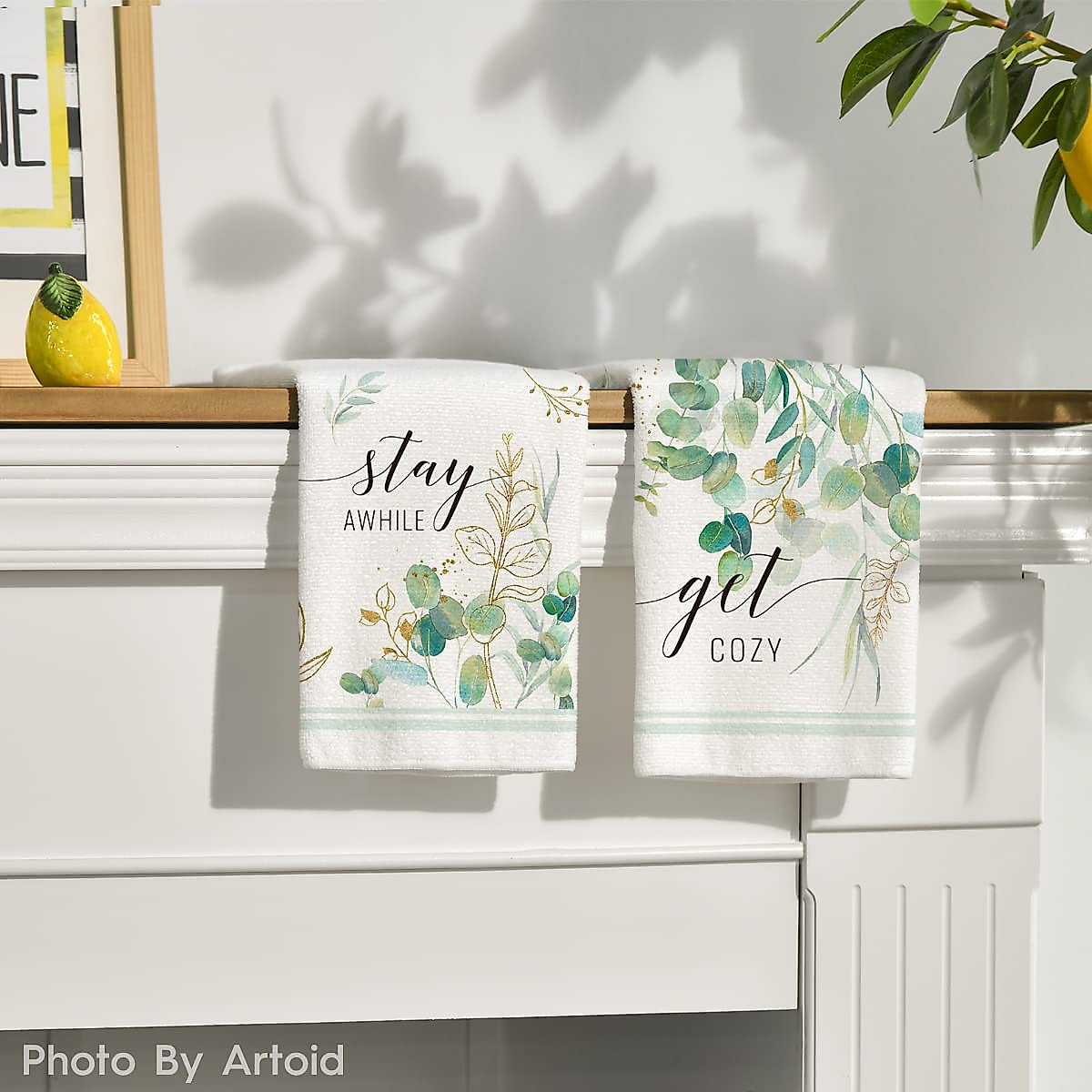 Artoid Mode Eucalyptus Get Cozy Stay Awhile Kitchen Towels, 18 x 26 Inch Holiday Spring Summer Wedding Daily Fingertip Towel Tea Bar Hand Drying Cloth Kitchen Bathroom Gift Set of 2