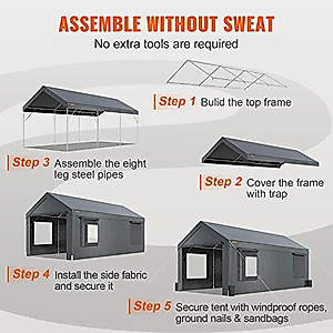 VEVOR Carport 10x20ft Portable Garage, Heavy Duty Car Canopy with Roll-up Ventilated Windows & Removable Sidewalls, UV Resistant Waterproof All-Season Tarp for SUV, F150, Car, Truck, Boat