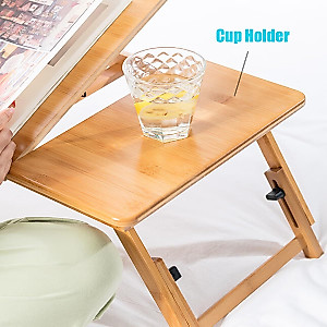 SKYZONAL Bamboo Laptop Desk, Adjustable Portable Bamboo Laptop Table with Drawer, Folding Breakfast Tray Padded Lap Work Tray for Working Writing Drawing Surfing Reading Eating