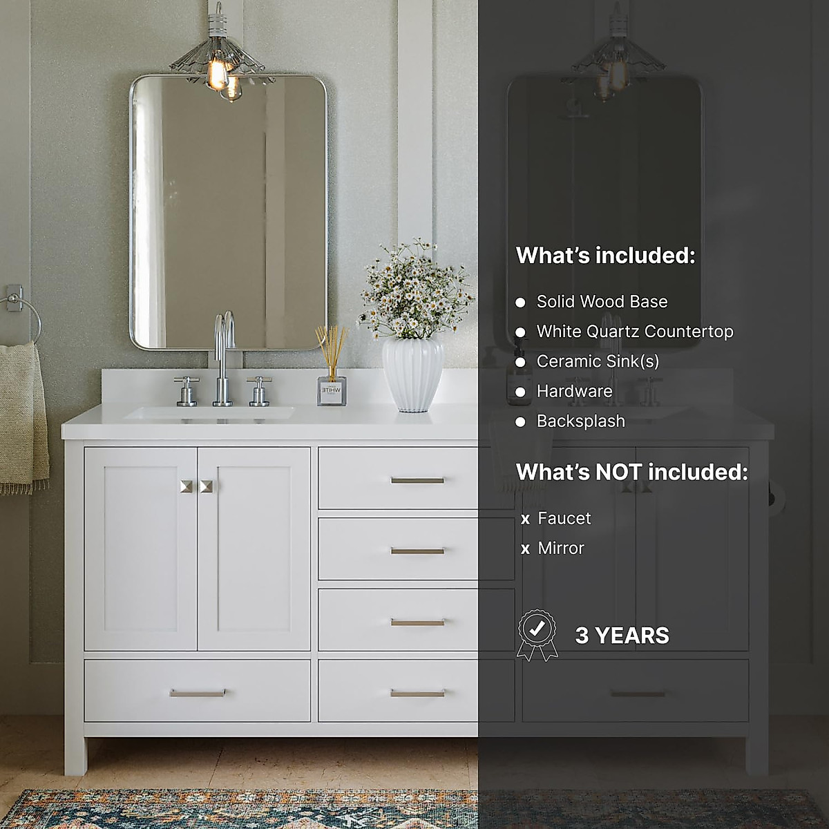 ARIEL Double Bathroom Vanity 73" Grey with 1.5" Edge Pure White Quartz Countertop & Splash, Rectangular Sinks, 4 Soft Closing Doors, 6 Full Extension Dovetail Drawers, Brushed Nickel (White)