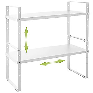 Across-Star Expandable Cabinet Shelf Organizer Rack, Stackable Kitchen Counter Storage Shelves Stand, Adjustable Height Pantry Shelf Spice Rack (White, 2 Pack)