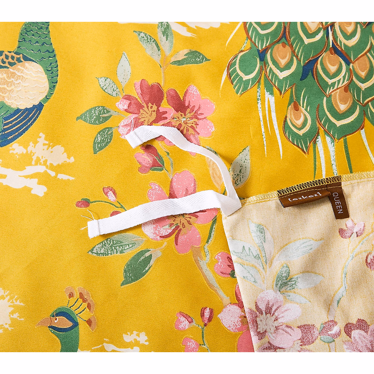 Eikei Chinoiserie Chic Peacock Floral Duvet Cover Paradise Garden Botanical Bird and Tree Branches Vintage Stylized Long Staple Cotton Bedding Set (Queen, Citrine)