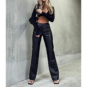 DALLNS Women Black Faux Leather High Waisted Straight Leg Vegan Matte Leather Business Pant Trousers Pu Bottoms Office Concert Outfits Black-S