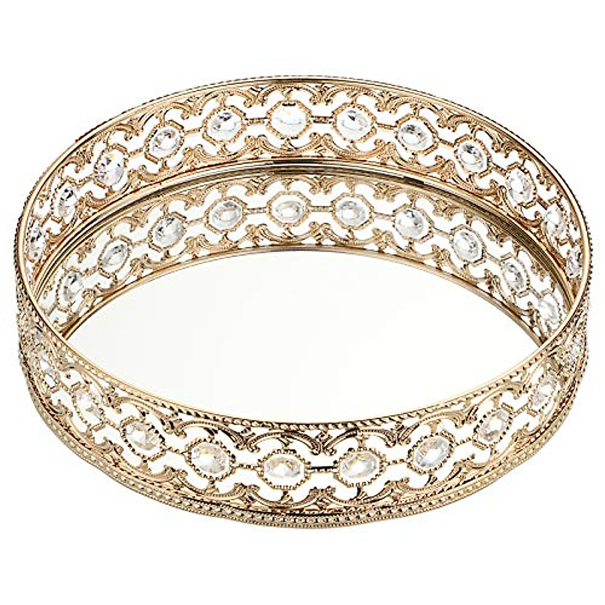 ELLDOO Crystal Mirror Vanity Tray - 9.8" Round Jewelry Trinket Tray Gold Decorative Tray for Dresser Glass Makeup Tray Bathroom Tray Storage Perfume Organizer for Bedroom