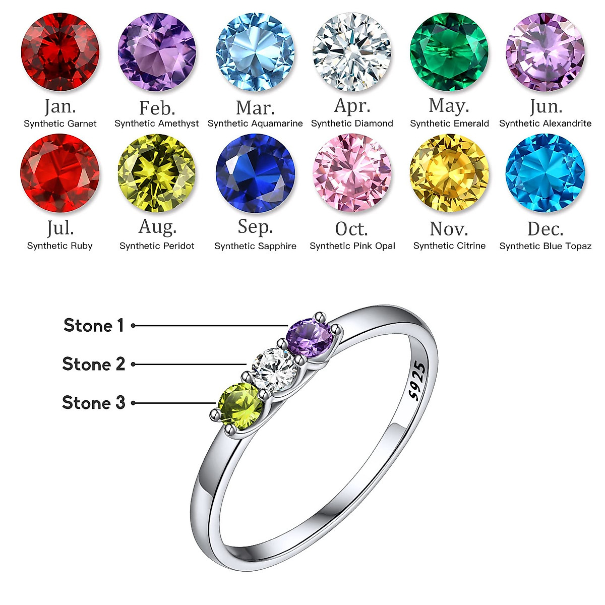 Bestyle Custom Birthstone Rings for 3, Dainty Sterling Silver Stacking Band Ring for Women, Great Statment Promise Ring on Thanksgiving/Christmas/Valentines'/Mother's Day