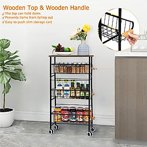 4-Tier Slim Storage Cart with Slide-Out Wire Baskets, Kitchen Rolling Utility Cart Narrow Storage Shelf with Wooden Tabletop & Wooden Handle & Wheels for Bathroom Laundry Kitchen Narrow Spaces