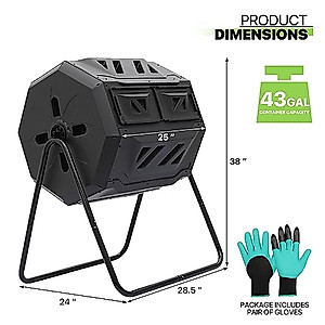 Magshion 43 Gal Chamber Compost Tumbler Outdoor Tumbling Composting Bins High Volume Garden Composter w/Dual Chamber Sliding Doors for Gardening, Black Sliding Doors