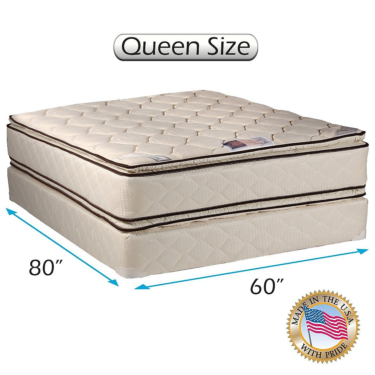 Coil Comfort Pillowtop Queen Size (60"X80"X11") Mattress and Box Spring Set - Medium Soft, Fully Assembled, Orthopedic, Good for Your Back, by Dream Solutions USA