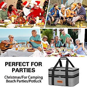 ASXSONN Double Decker Insulated Casserole Carrier for Hot or Cold Food, Expandable Insulated Food Carrier for Parties, Picnic, Beach, Fits 9"x13" Baking Dish (Grey)