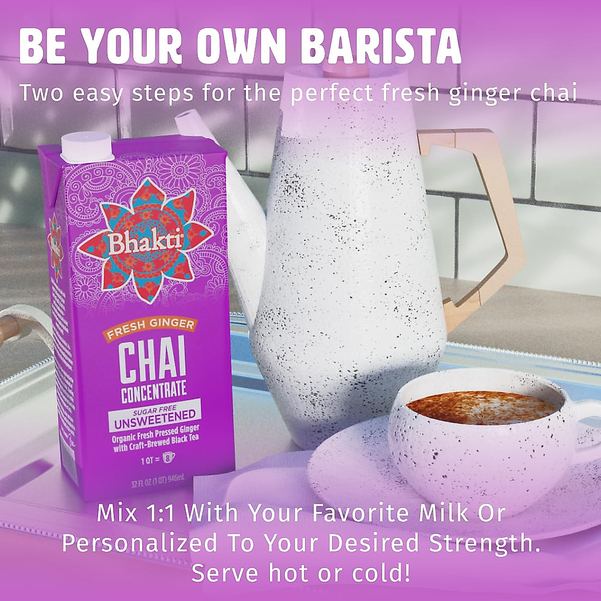 Bhakti Sugar Free Chai Concentrate, Unsweetened, Fresh Pressed Ginger and Black Tea Blend, Vegan, Organic, Gluten-Free, All-Natural Ingredients, 32 Ounce Cartons (Pack of 2)