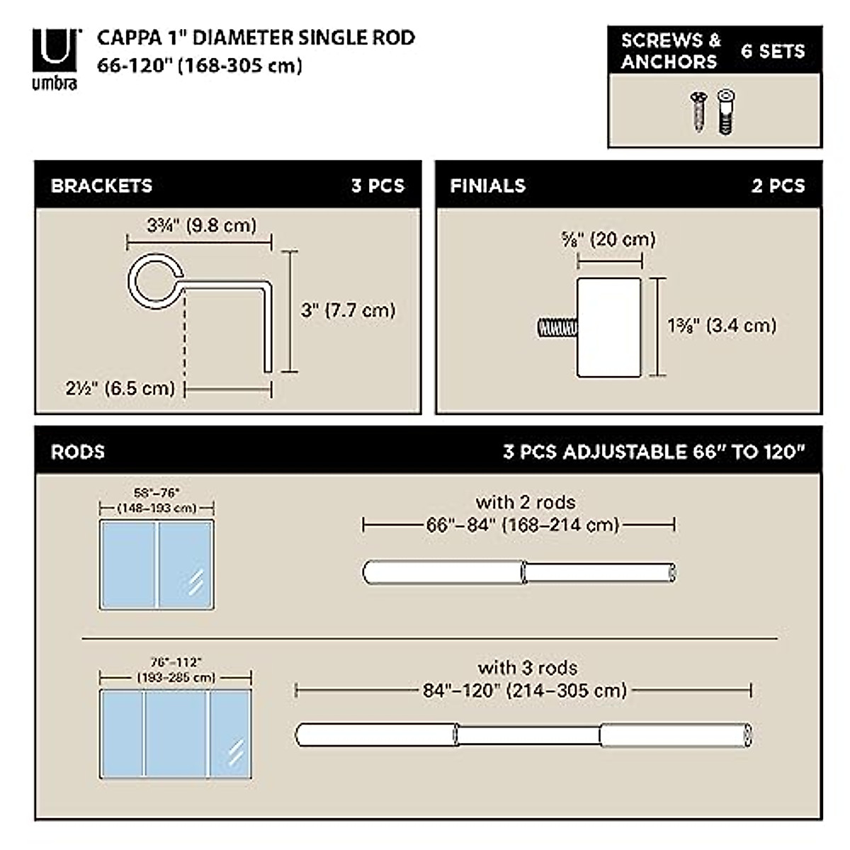 Umbra Cappa Curtain Rod, Includes 2 Matching Finials, Brackets & Hardware, 66 to 120-Inches, Black