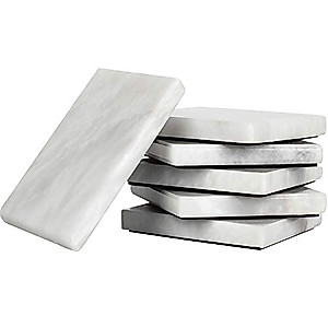 Coaster Set of 6 White Handmade Marble 3.5 Inch Bar Drink Cup Pad, Coffee Mug Square Coasters Set for Kitchen - Ideal Pot Drinks Tea Absorbent Coaster Plates
