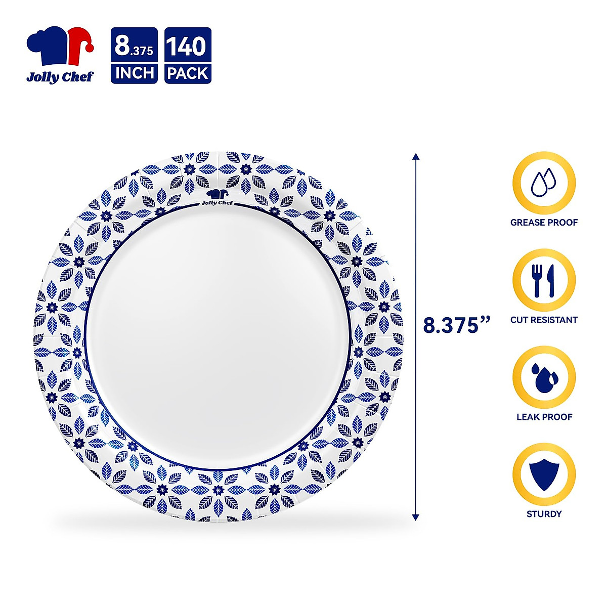JOLLY CHEF 8.37 inch Disposable Paper Plates 140 Count Soak Proof, Cut Proof, Heavy Duty Printed Disposable Plate for Everyday Use