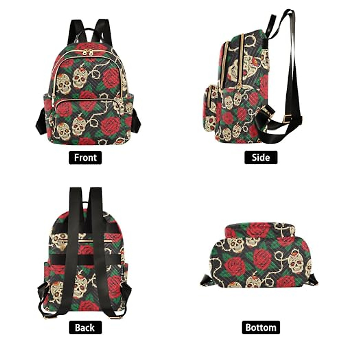 Yasala Halloween Women Backpack Sugar Skull Vivid Flower Leaves Travel Bag Compact Daily Bag Diaper Bag