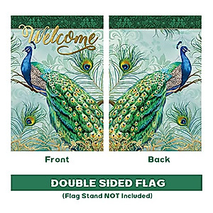 wondever Welcome Peacock Garden Flag 12×18 Double Sided Vertical Burlap Peacock Blue Feathers Yard Flags for Farmhouse Yard Holiday Celebration Outdoor Flags Decor
