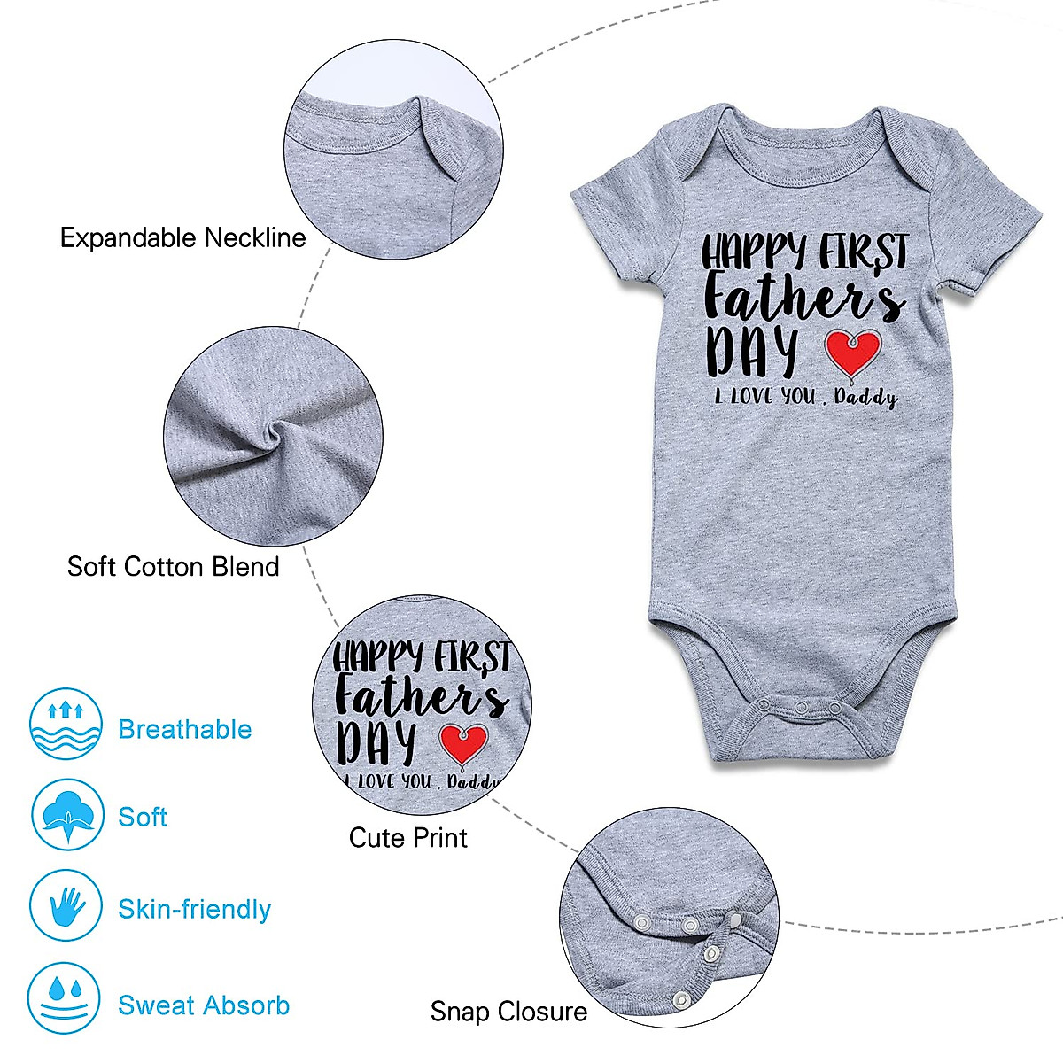 Lovekider Toddler Unisex-Baby Bodysuit Happy First Fathers Day Short Sleeve Newborn Romper Jumpsuit Breathable Print Infant Apparel(0-3 Months)