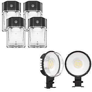 CINOTON 42W LED Barn Light Dusk to Dawn Outdoor Lighting, Black 2 Pack & 26W LED Wall Pack Light with Dusk to Dawn Sensor 4 Pack-Gray
