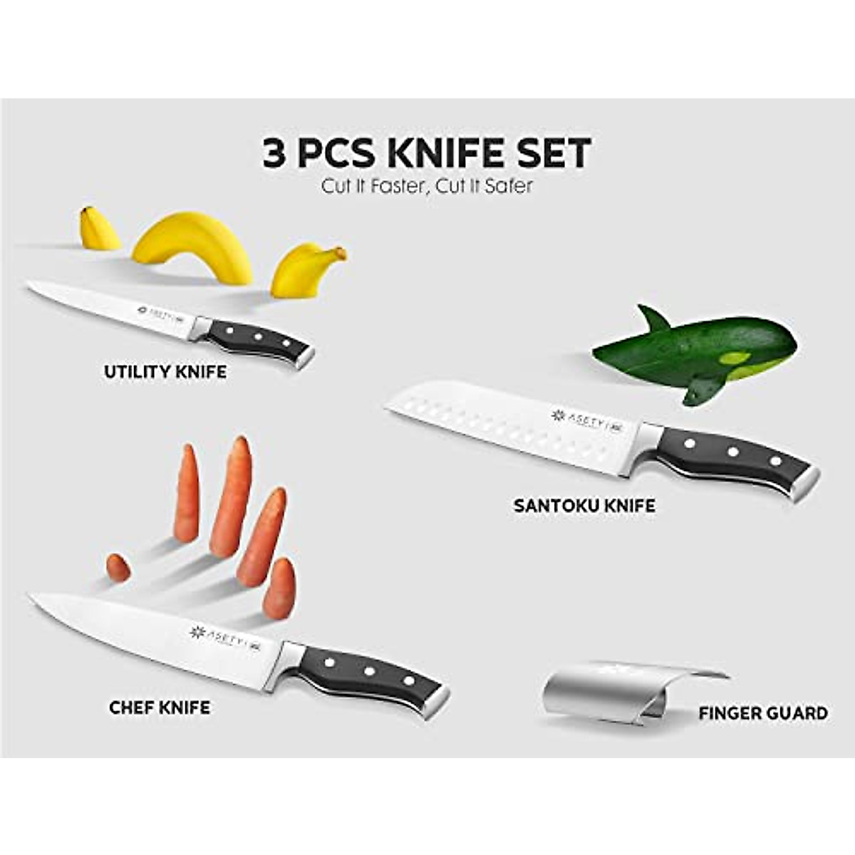 ASETY Kitchen Knife Professional Chef Knife Set 3 Piece, Ultra Sharp German Stainless Steel Knife and Finger Guard, Ergonomic Handle Knives for Kitchen NSF Food-Safe, Gifts for Women I Men