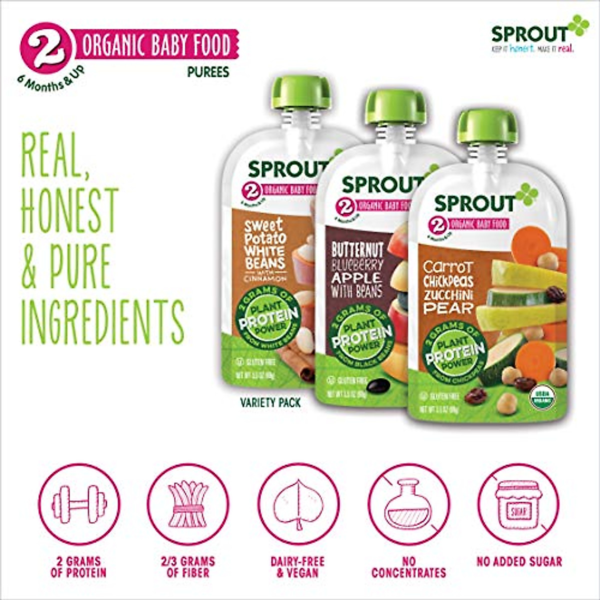 Sprout Organics, Stage 2 Variety Pack, Sweet Potato White Bean, Butternut Blueberry & Carrot Chickpea, 6+ Month Pouches, 3.5 oz (18-count) (Flavours May Vary)