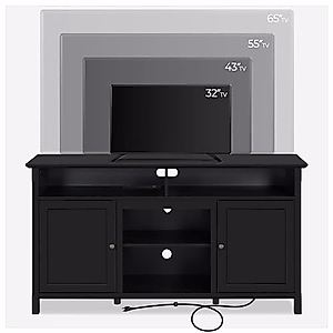 Yaheetech Black TV Stand with Doors for TVs up to 65 in, Modern TV Console with Power Outlet & Storage Shelf, Mid-Century Entertainment Center for Living Room, 31 in Tall