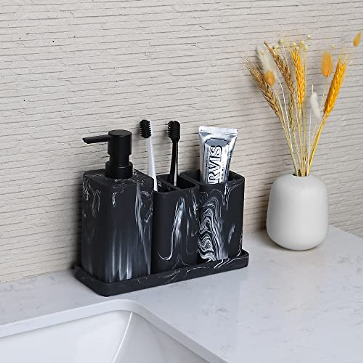 zccz Bathroom Accessory Sets - Marble Design 4 Piece Bathroom Accessories Complete Set - Soap Dispenser, Toothbrush Holder, Bathroom Tray, Bathroom Tumbler - Vanity Countertop Organizer, Black