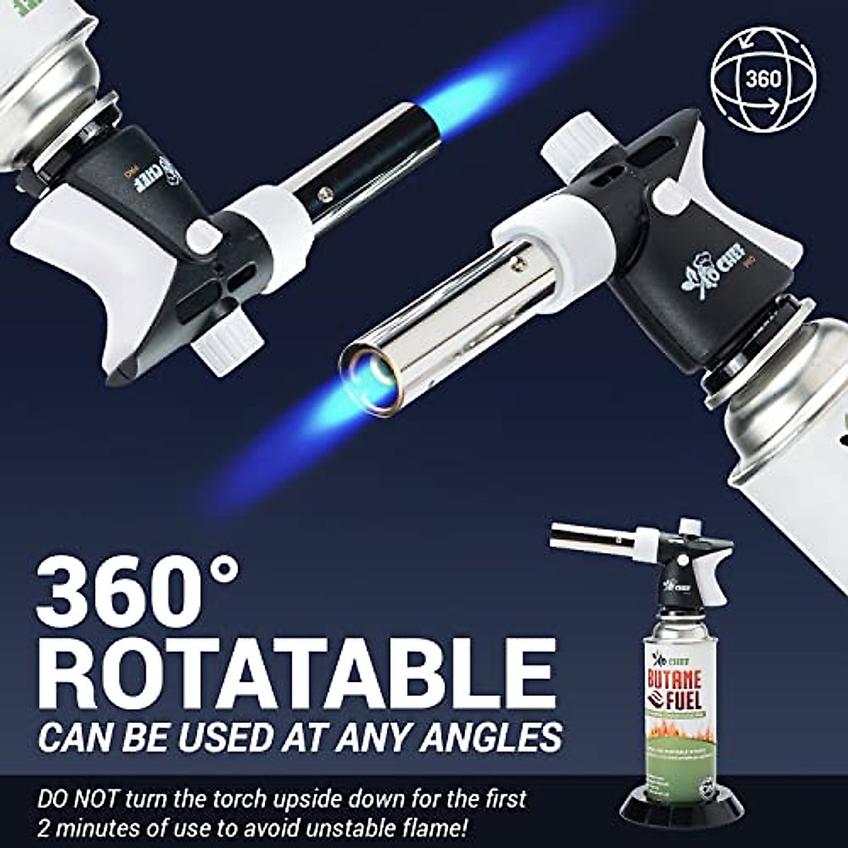 Jo Chef Pro Butane Torch Lighter - Refillable Butane Torch Head, Small Butane Torch with Safety Lock & Adjustable Flame - Culinary Blow Torch, Creme Brulee Torch, Baking, Included 2 Butane Canisters