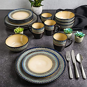 Gibson Elite Round Embossed Reactive Glaze Stoneware Dinnerware Set, Service for 4 (16pcs), Blue/Brown