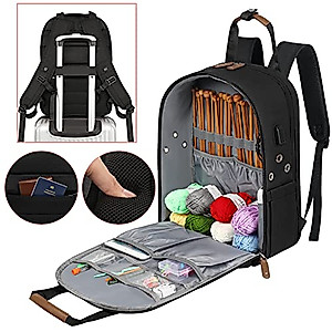 Crochet Bag, Knitting Bag Backpack and Totes Organizer with USB Charging Port, Large Yarn Storage Tote Bag Yarn Holder Case for Carrying Projects, Knitting Needles, Crochet Hooks,fits 15.6 inch Laptop