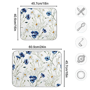 ElliTarr Daisy Floral Blue Dish Drying Mat for Kitchen Counter Microfiber Absorbent Dish Drainer Mat Small Kitchen Drying Rack Mat Heat Resistant Drying Pad for Counter 16 x 18