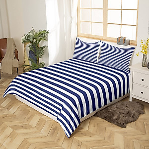 Erosebridal Navy Blue Stripe Duvet Cover King Size White Geometric Ticking Stripes Comforter Cover Farmhouse Horizontal Stripes Gothic Home Decor Quilt Cover Modern Abstract Striped Bedding Set