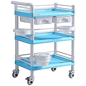3 Tier Hospital Medical Utility Cart on Wheel, Blue Abs Beauty Salon Equipment Rolling Trolley with Dirt Bucket Drawers, 100-150Kg Load 54×3