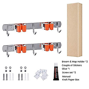 MOHOO 2 Pack Broom Holder Wall Mount Stainless Steel Wall Mounted Storage Organizer Heavy Duty Tools Hanger with 4 Racks 6 Hooks for Bathroom Kitchen Office Closet Garden