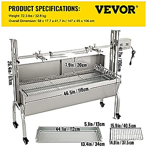 VEVOR Rotisserie Grill 132lbs Capacity, 50 Inch Stainless Steel Pig Lamb Spit Grill Roaster, with 40W Motor & Adjustable Height Lockable Casters & Baffle for Outdoor Camping Party Campfire Barbecue