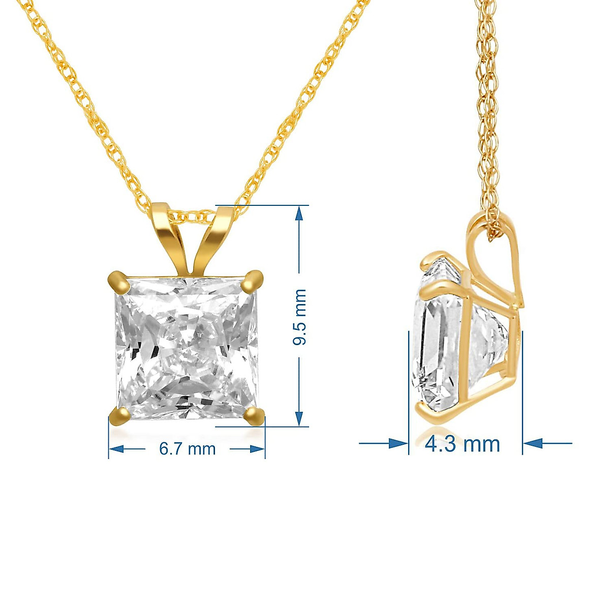 Jewelili 10k Yellow Gold 7mm Princess Cut Cubic Zirconia Solitaire Pendant Necklace, 18" Rope Chain