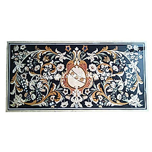 Pietra Dura Natural Black Marble 48" x 30" Inch Rectangle Dining Table Top, Italian Pattern Pietra Dura Outdoor Centre Table Top, Conference Room Table Top, Piece of Conversation, Family Heirloom
