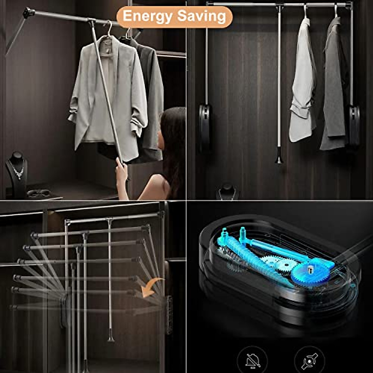 usego Pull Down Closet Rod Chrome Heavy Duty Adjustable 35-46.7 Closet Pull Down Rods Hanger for Hanging Clothes Wardrobe Lift Rail Organizer Storage System Side Mounted Expanding Tubing