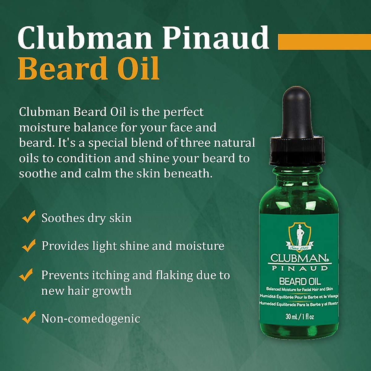 Clubman Pinaud Beard Oil, Balanced Moisture for Facial Hair and Skin, 1 oz