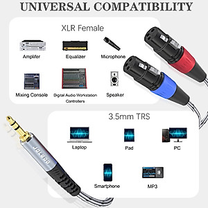 JOLGOO Dual XLR Female to 3.5 mm TRS Stereo Microphone Cable, 2 XLR Female to 1/8 inch TRS Stereo Y Splitter Patch Cable, 10 Feet