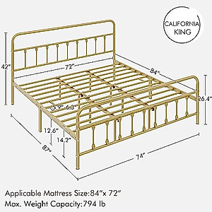 Topeakmart California King Size Victorian Style Metal Bed Frame with Headboard/Mattress Foundation/No Box Spring Needed/Under Bed Storage/Strong Slat Support Antique Gold