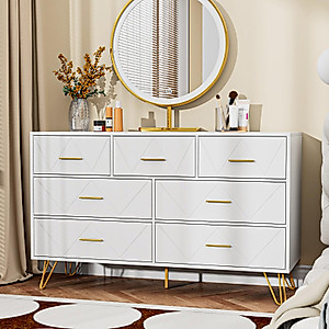 JOZZBY White Dresser for Bedroom, 7 Drawer Wooden Dresser with Gold Handles, Modern Storage Dressers & Chests of Drawers for Hallway, Entryway