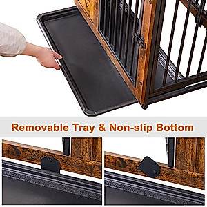 Heybly Furniture Style Dog Crate,Wooden Pet Kennels with 3 Doors,Indoor Pet Crate End Table with Removable Tray for Dogs Under 60lbs, Rustic Brown and Black HFC102SR