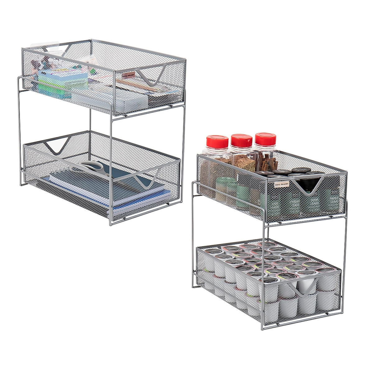 Mind Reader Network Collection, 2-Tier Sliding Basket Storage Kitchen, Desk, Makeup, Cabinet Organizer, Metal Mesh, Set of 2, 2-Pack, Silver