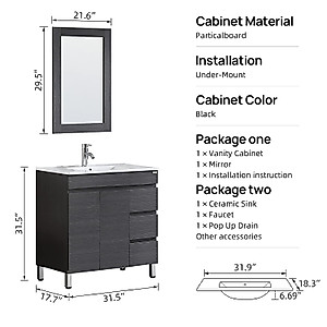 wonline 32" Bathroom Vanity and Sink Combo Cabinet Undermount Ceramic Vessel Sink Chorme Faucet Drain with Mirror Vanities Set