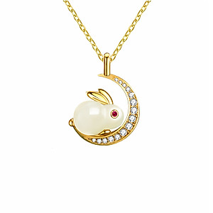B&D mothers day gifts for Women Girls Bunny Necklace Cute Jade Bunny Rabbit On The Moon Pendant Rabbit Necklace Easter Gifts for Women Girls Necklace for Women Teen Girls S925 Sterling Silver Hypoallergenic Dainty Tiny Crescent Choker 18" Chain Collar Del