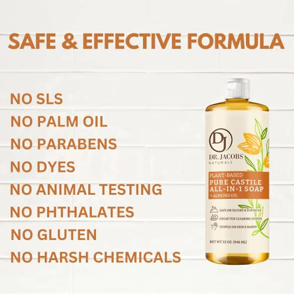 Dr. Jacobs Naturals All-Purpose Castile Cleaner - Natural, sulfate-free, and plant-based formula for safe and effective cleaning of household surfaces, floors and appliances. All-in-one soap (Almond Honey)