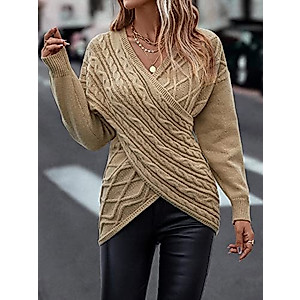 WDIRARA Women's Wrap V Neck Criss Cross Long Sleeve Asymmetrical Sweater Cable Knit Tops Solid Apricot L
