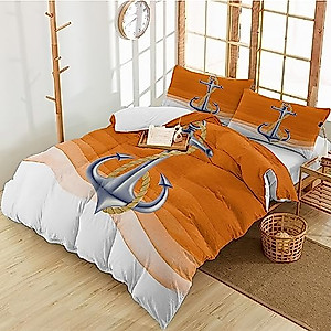 Nautical Chic Anchor Queen Duvet Covers Orange White Wave Striped 3-Piece Bedding Sets Luxury Soft Microfiber Bed Comforter Protector with Pillow Cases for Women Men Girl Boy Color Gradient